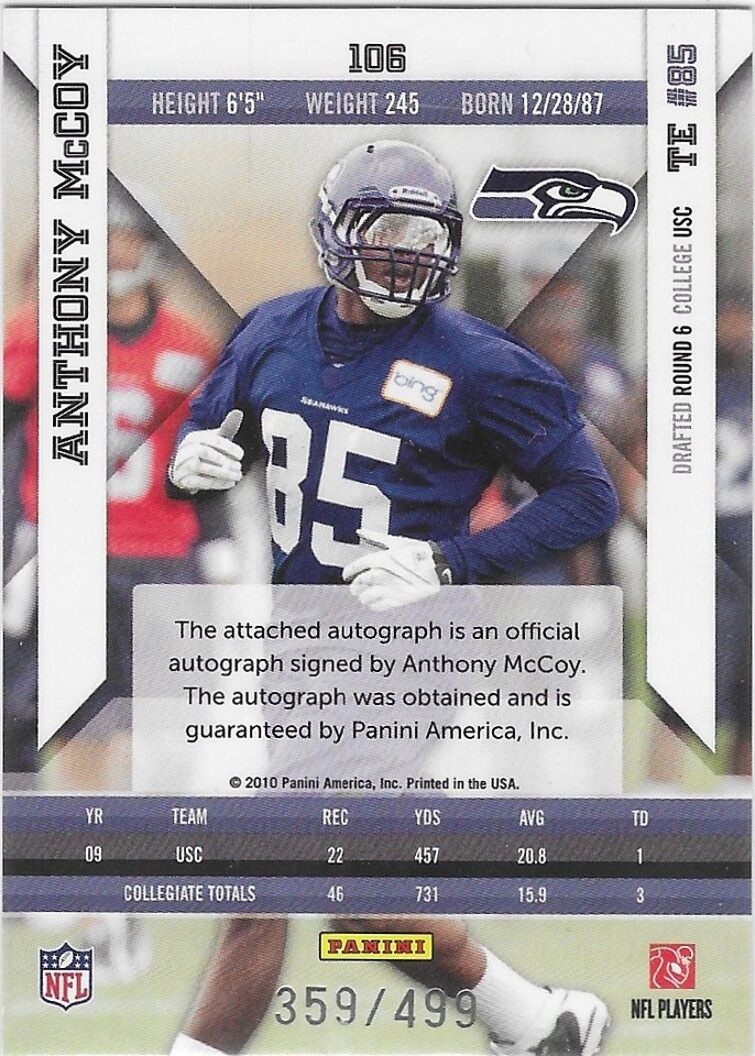 2010 Panini Epix #106 Anthony McCoy Seattle Seahawks Rookie | eBay