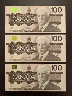 1988 3 Consecutive Canadian 100$ One Hundred Dollar Banknote Bank Of ...