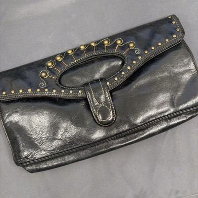 Hobo International Leather Clutch Black Fold Over Studded Magnetic ...