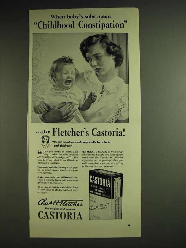 1948 Chas. H. Fletcher Castoria Ad - baby's sobs mean childhood ...