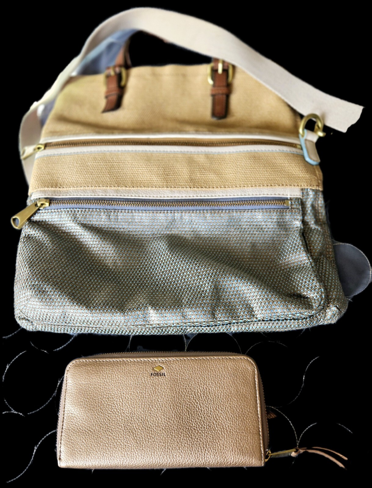 FOSSIL Explorer Woven Fabric & Leather Fold Over Mul… - Gem