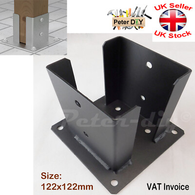 Heavy Duty BLACK Bolt Down SQUARE POST SUPPORT Fence Foot Base 122x122 ...