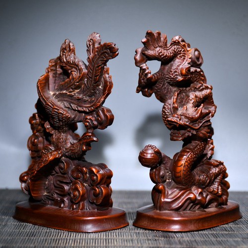 Collection Chinese Wooden Carved Dragon Phoenix Statue Exquisite ...