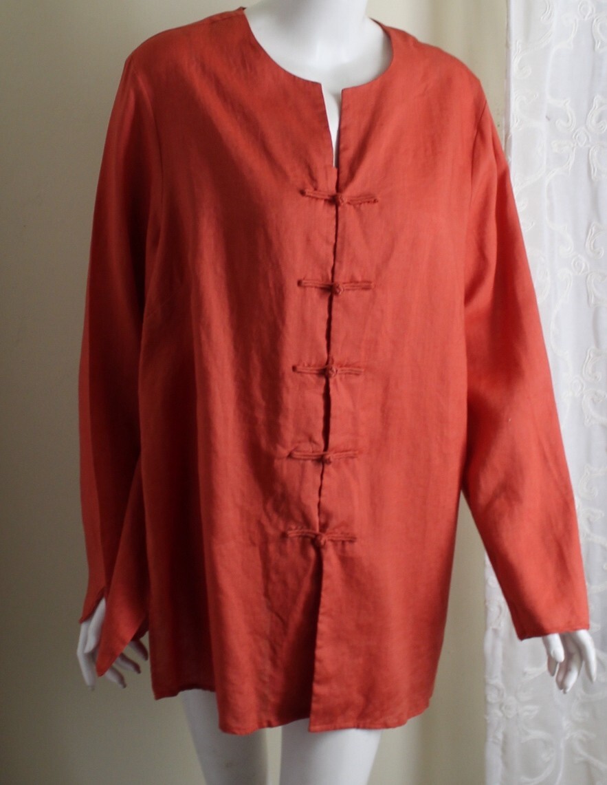 Anne Carson Sz 2X 100% Linen Asian CORAL PINK ORANGE Frog Jacket Blazer ...