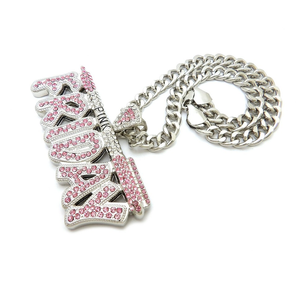WOMEN'S HIP HOP ICED PINK FRIDAY PENDANT & 10mm 18" CUBAN CHOKER CHAIN ...
