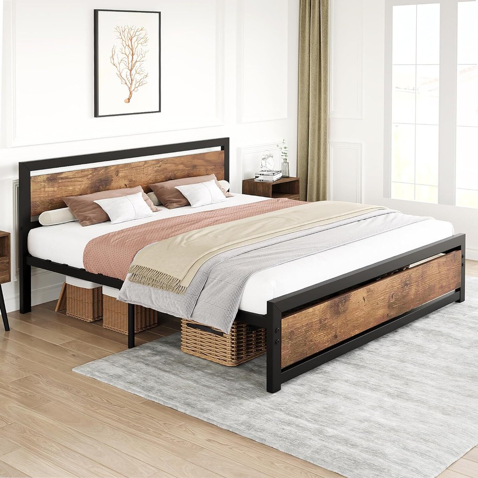 Full Queen King Size Bed Frame with Wooden Headboard Heavy Duty Metal ...
