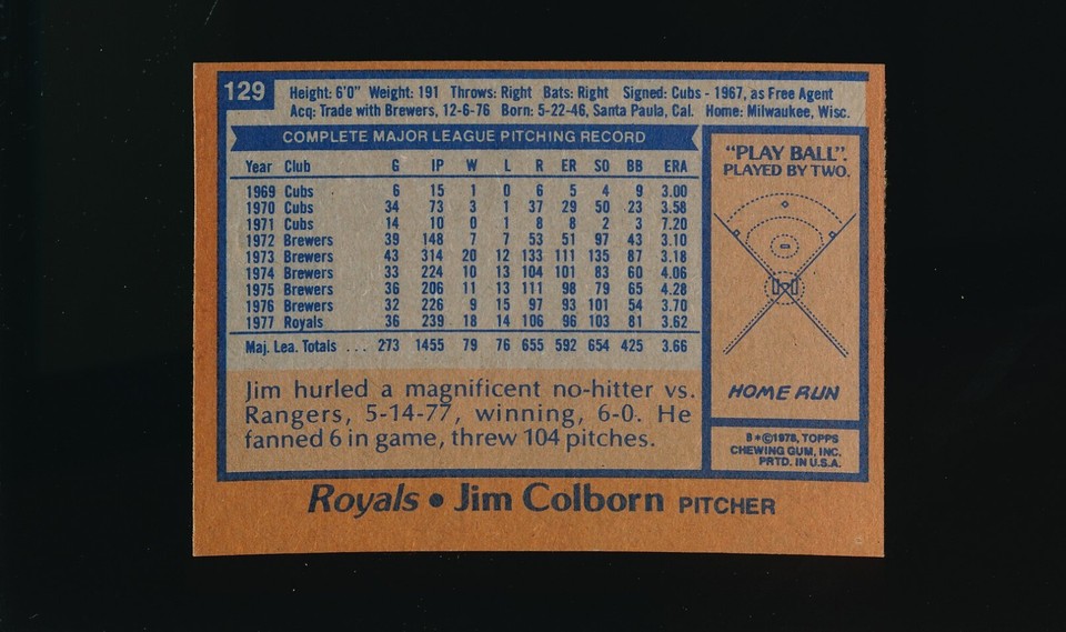 1978 Topps #129 Jim Colborn * Pitcher * Kansas City Royals * EX-MT * | eBay
