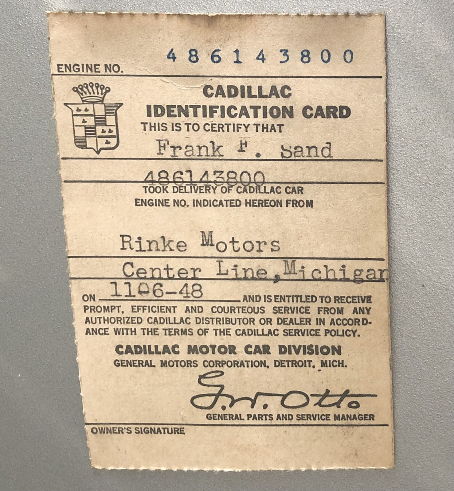 1948 CADILLAC Car Owner Identification Card; Rinke Motors; Centerline ...