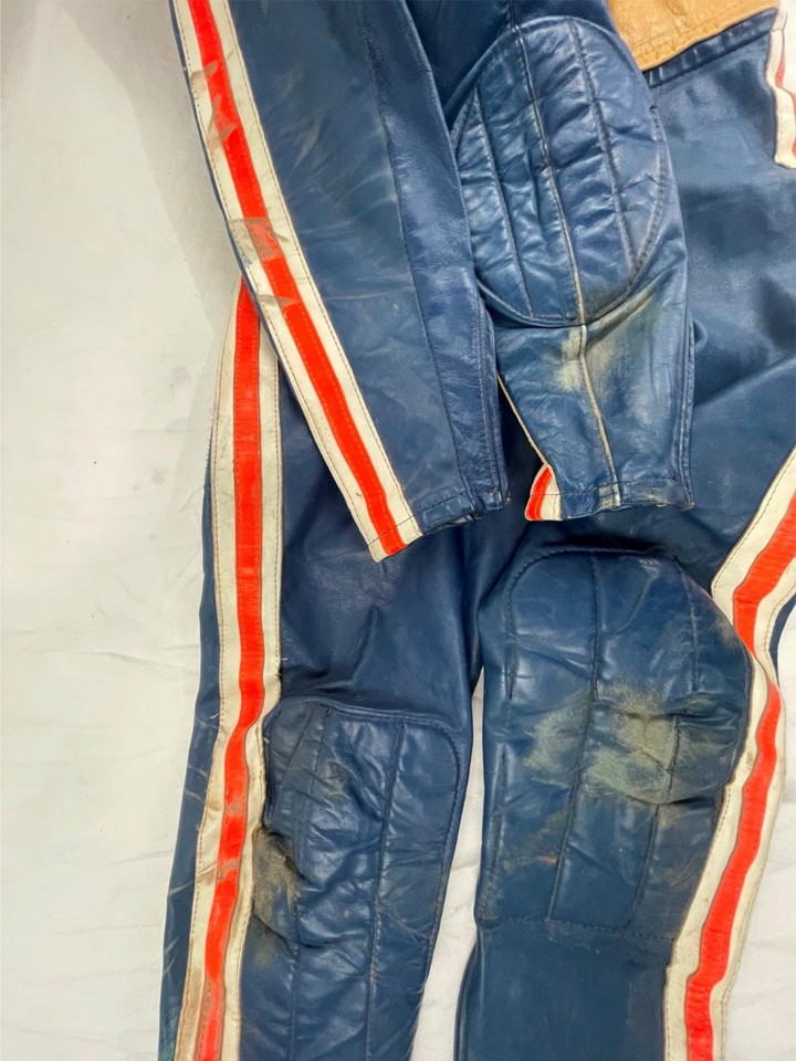 VTG 70S BATES STRIPED LEATHER MOTORCYCLE RACING JACKET PANTS TRACK SUIT ...