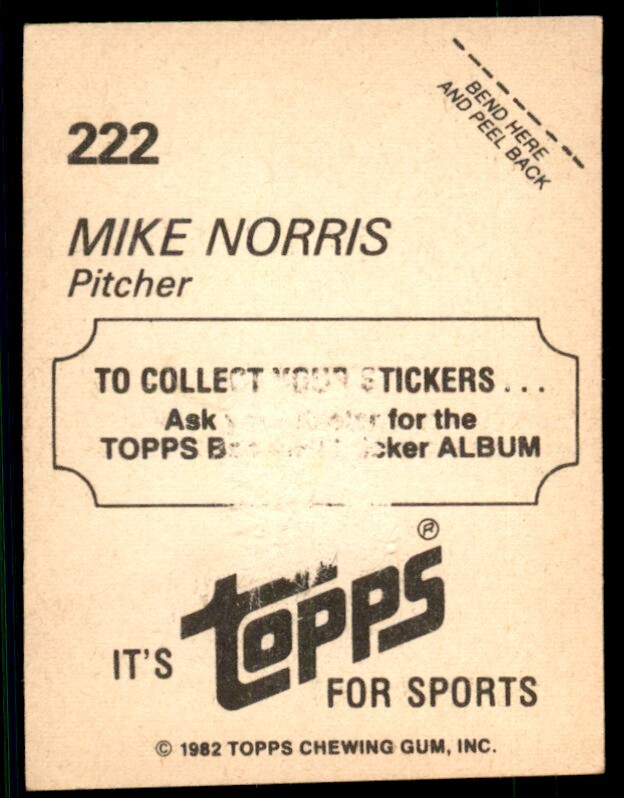 1982 Topps Stickers Mike Norris Oakland Athletics #222 MLB Baseball | eBay