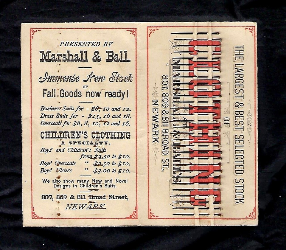 Early 1900's Trade Card Marshall & Ball Clothing House, Pins Still ...