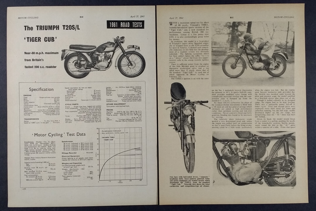 1961 Triumph 200 T20S/L Tiger Cub Motorcycle Road Test article clipping ...