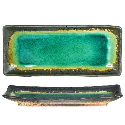 Japanese Sushi Sashimi Serving Plate 11.25"L Ceramic Green Rust Kosui ...