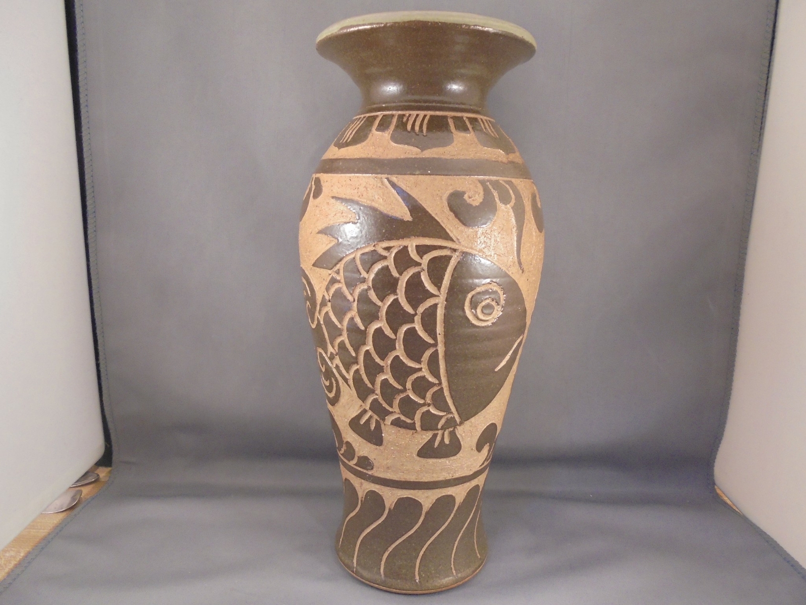 Frank Polizzi Art Pottery Stoneware Carved Incised Fish Vase 10" #2 | eBay