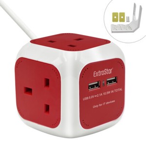 3 Way Electric Extension Lead Power Cube Socket with 2 USB Ports/1.5M ...