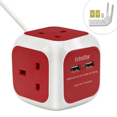 4 Way Electric Extension Lead Power Cube Socket with 2 USB Ports/1.5M ...