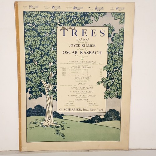 1922 Trees Song Sheet Music by Kilmer & Rasbach Violin Cornet Piano ...