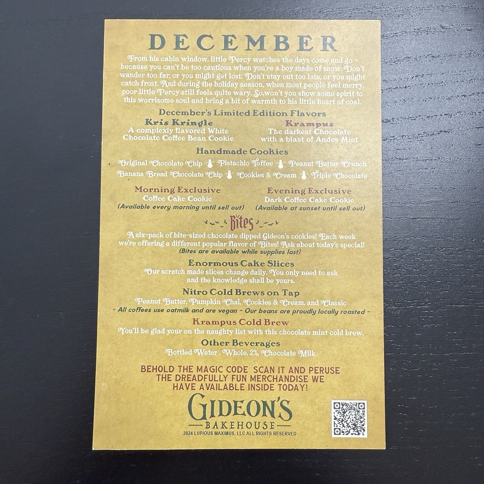 Gideons Bakehouse Menu Card December 2024 Percy the Snowman Boy Disney ...