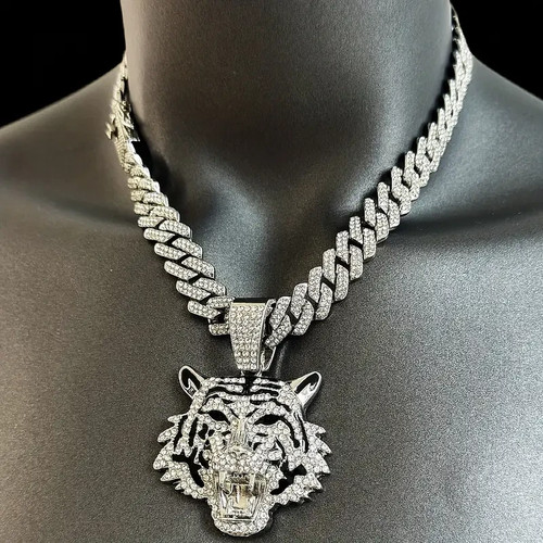 Men Silver Tiger black Cuban Hip Hop Chain Pendant Necklace Animal 3D ...