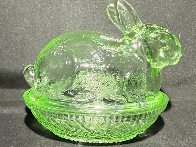 Green Vaseline uranium glass bunny rabbit on nest basket Easter eggs ...
