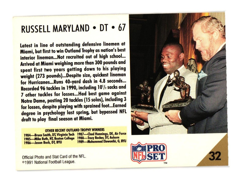 1991 Pro Set #32 Russell Maryland Miami Hurricanes | eBay