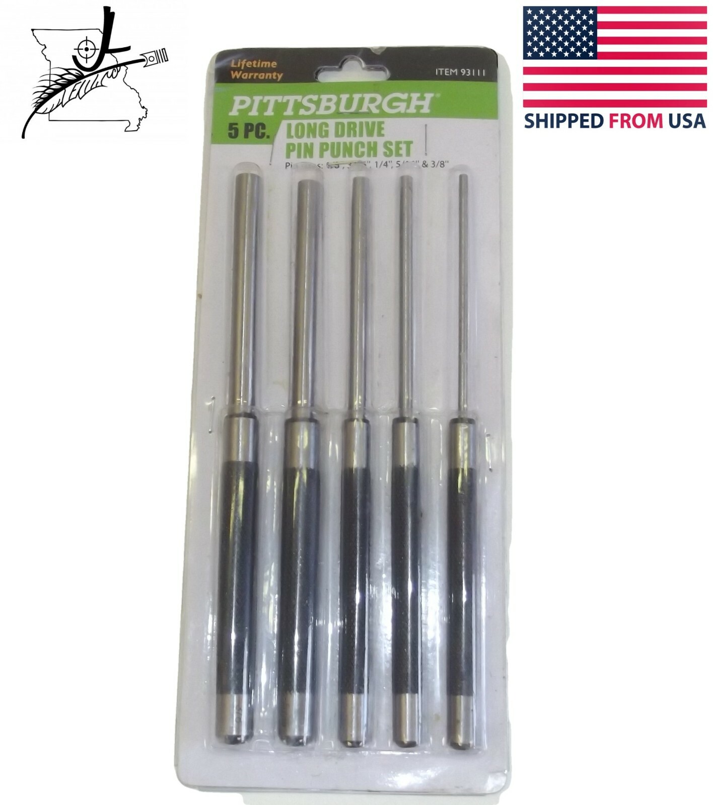 5 piece Long Drive Punch Set 1/8" 3/16" 1/4" 5/16" 3/8" Knurled Handle ...