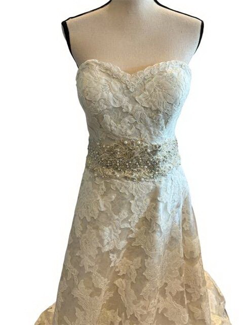 Signature Justin Alexander Pearl Silver Beaded Lace Wedding Gown Size ...