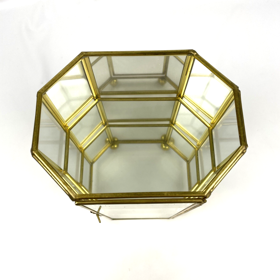 Curio Cabinet Glass Brass Mirrored Display Case Shelf Footed Octagon | eBay