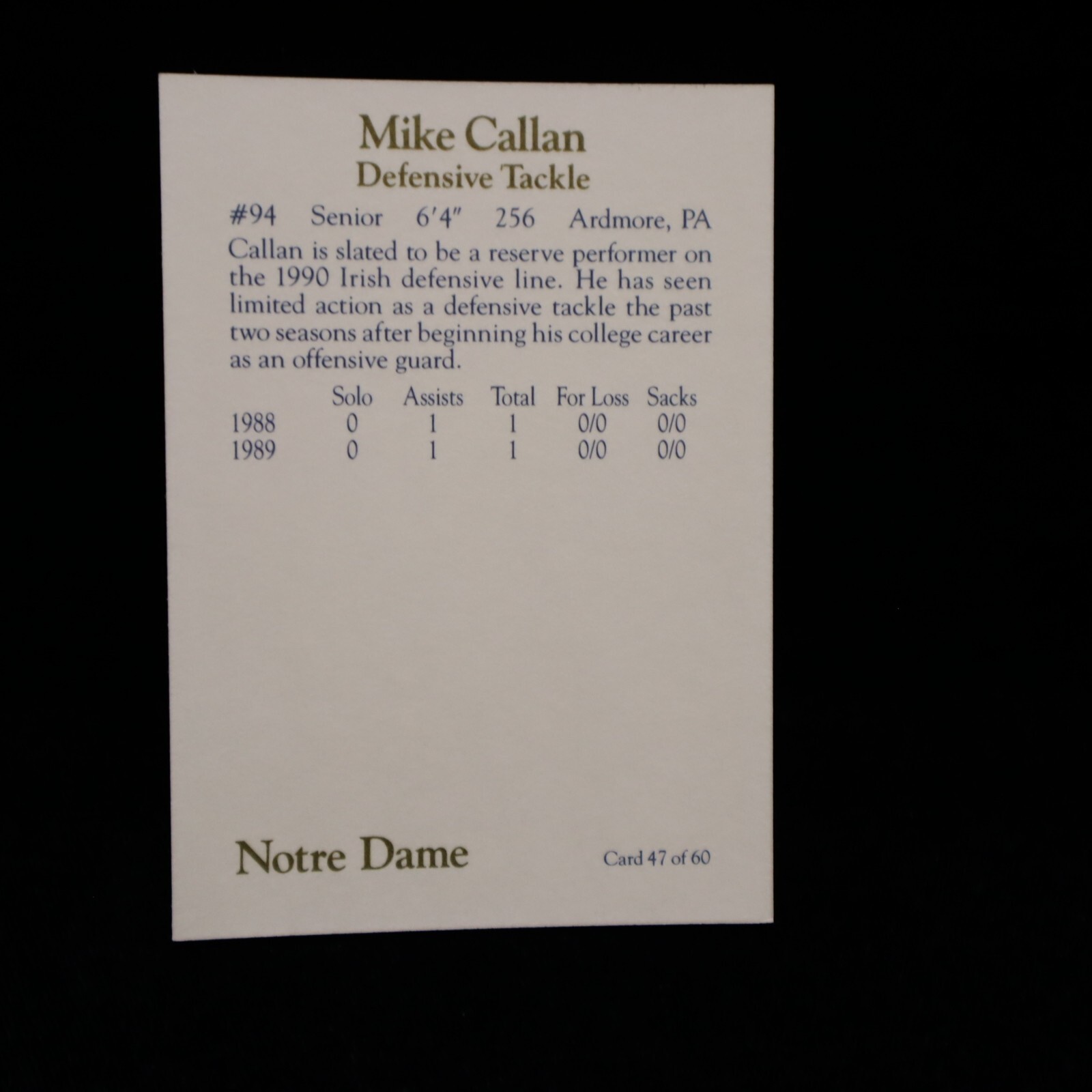 1990 Mike Callan Notre Dame "White" Notre Dame 47 of 60 | eBay
