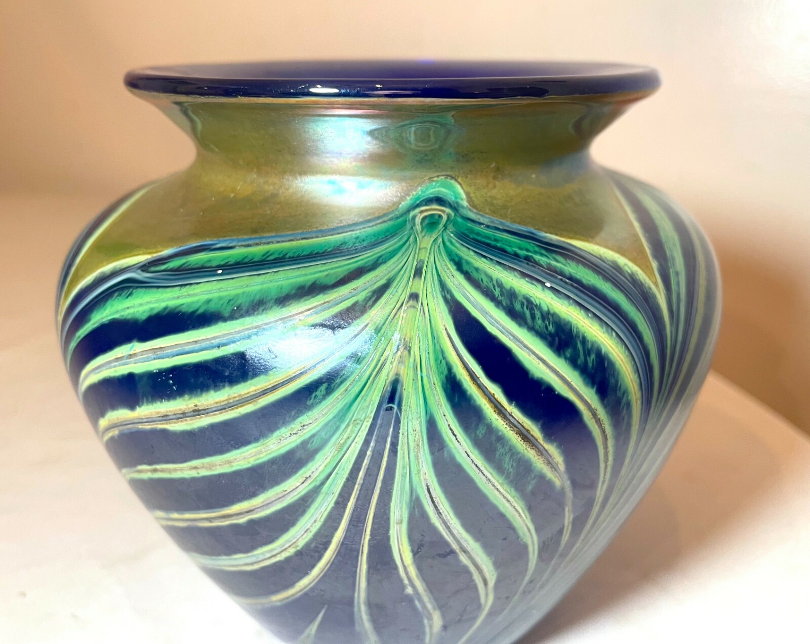 vintage hand blown Fellerman 86 pulled feather signed blue studio glass ...