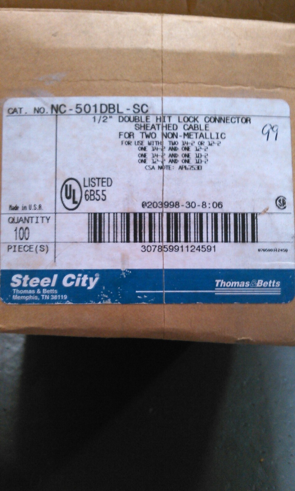 THOMAS & BETTS NC-501DBL-SC; 1/2" DOUBLE HIT LOCK CONNECTOR ; BOX OF 99 ...