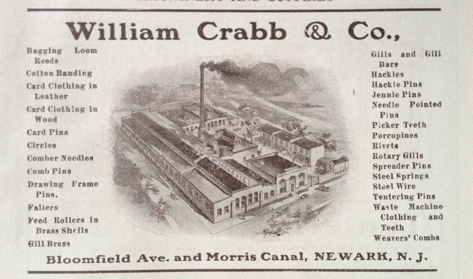 1914 AD(J23)~WILLIAM CRABB & CO. NEWARK, NJ. TEXTILE EQUIPMENT MFG. CO ...