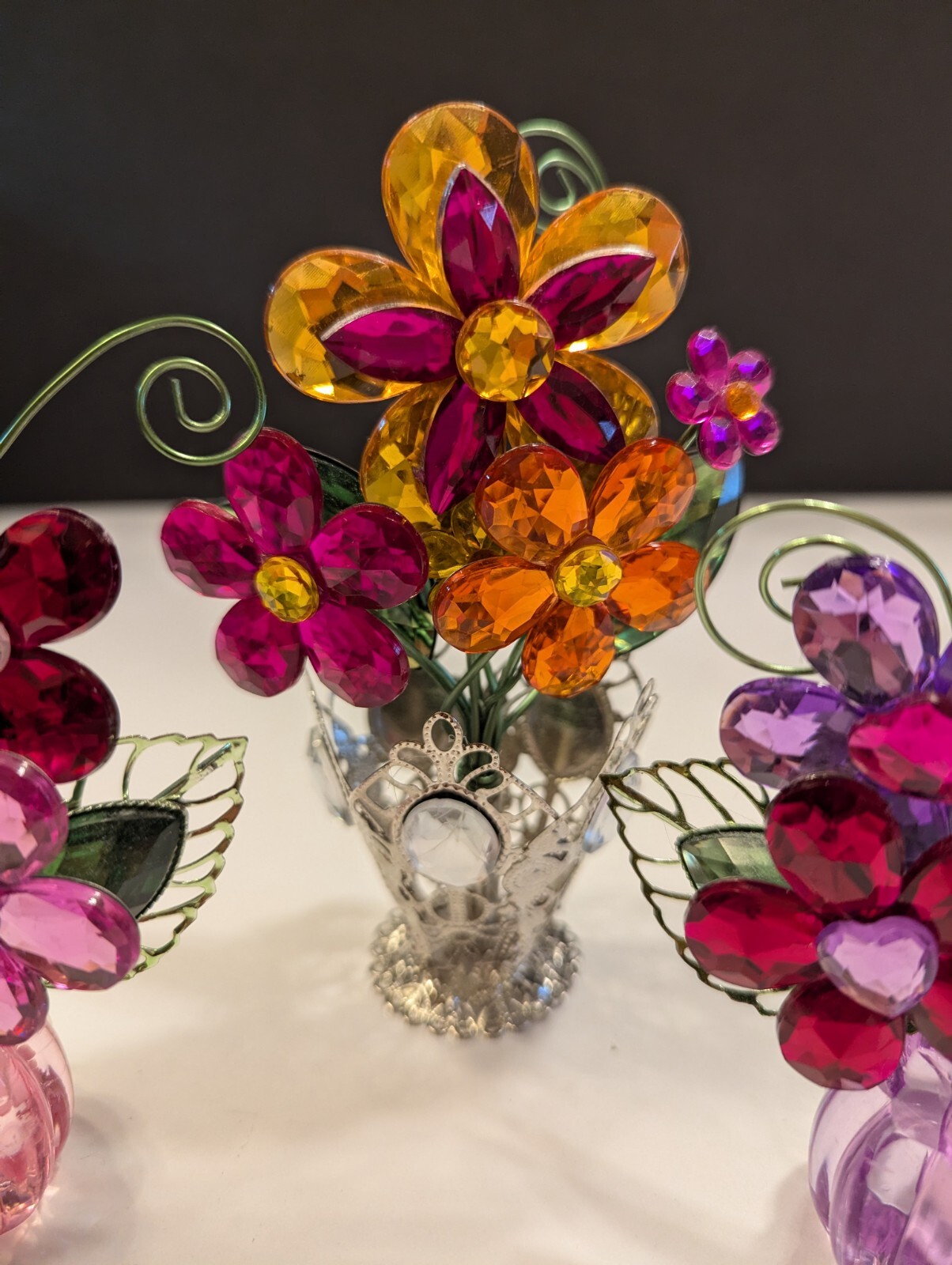 Set Of 3 Crystal Expressions Acrylic Posy Pots & Filigree Basket Floral ...