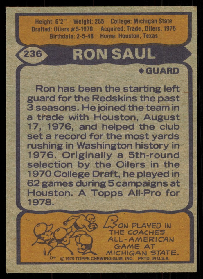 1979 Topps Football #236 Ron Saul Washington Redskins | eBay