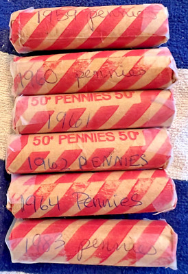 Lot Of 6 Rolls of Pennies (50 per roll) - 1959, 1960, 1961, 1962, 1964 ...