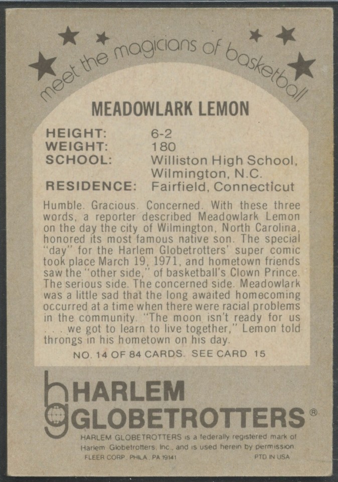 1971 Fleer Harlem Globetrotters #14 Meadowlark Lemon | eBay