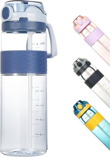 28oz Clear Water Bottle with Straw, Flip Top Water Bottle with Carrying ...