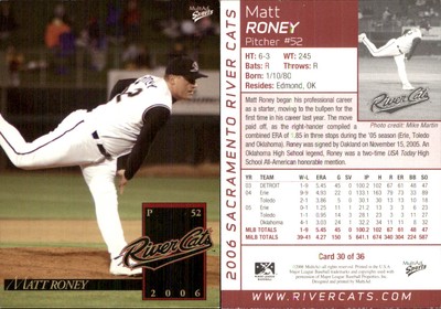 Matt Roney 2006 MultiAd Sacramento River Cats #30 RC Card Sacramento ...