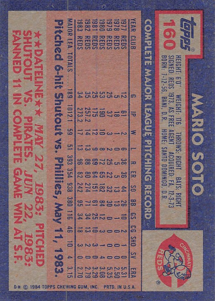 Mario Soto 1984 Topps 160 Cincinnati Reds BASEBALL Card | eBay