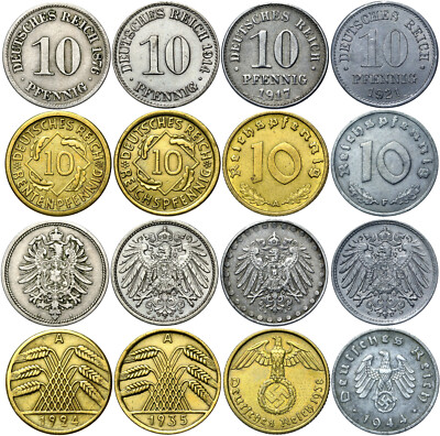 Germany Deutsches Reich - BUNDLE Set 8 Coins 10 Pfennig 1873-1945 LOT ...