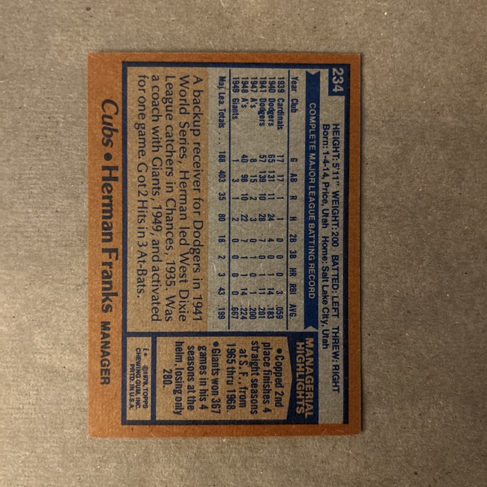 1978 Topps Baseball Herman Franks Chicago Cubs Card #234 | eBay