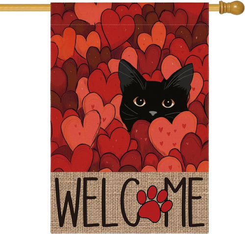 Valentines Day House Flag 28x40 Inch Double Sided Outside, Black Cat ...