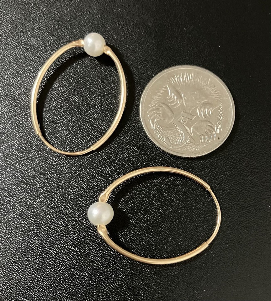 10K Gold Oval Hoop Earrings with White Round Pearl, Latch Back Closure ...