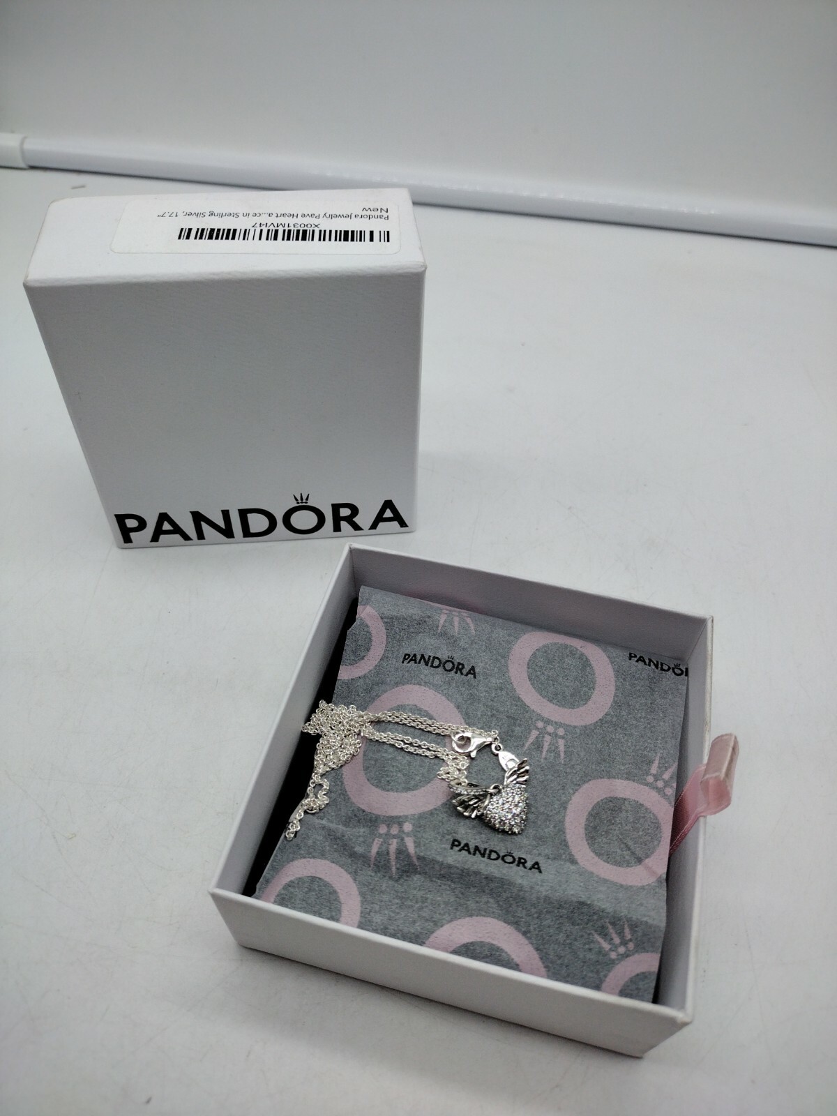 New 925 Pandora Pave Heart Angel Wings Necklace Pendant 398505C01-45 ...