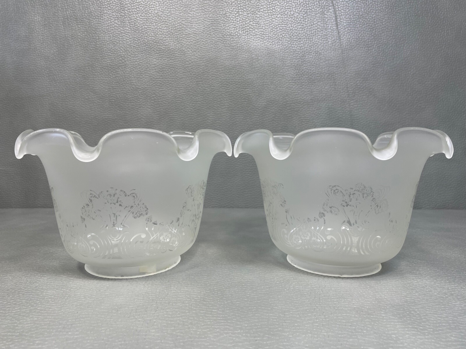 Pair of Vianne Ruffled Frosted Etched Floral Glass Lamp Shades Made in ...