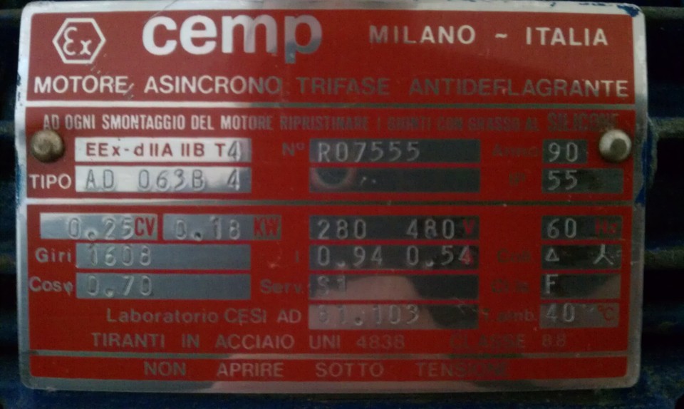 CEMP AD063B-4 Motor 0.18kW(1/4HP) 1608RPM - 280/480VAC 3PH Flame ...