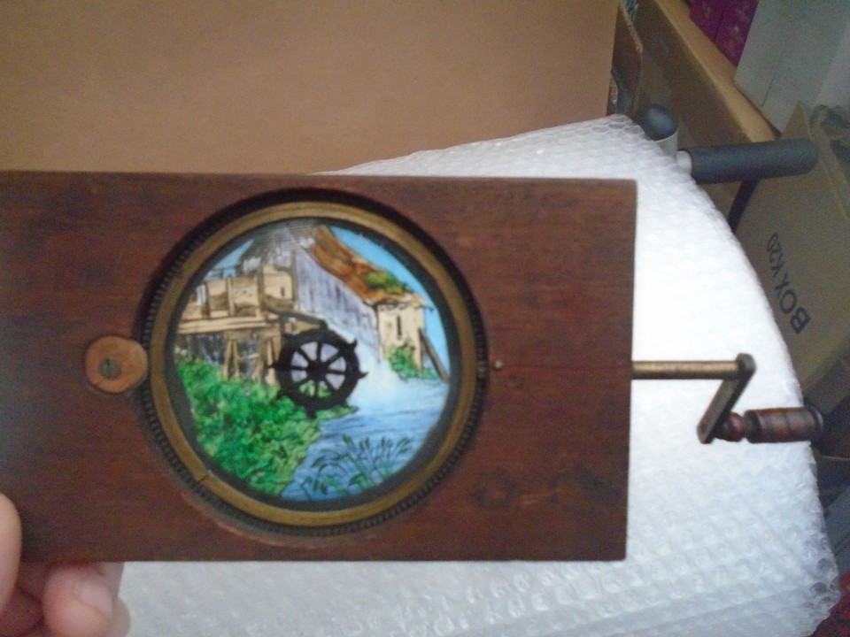 WATER WHEEL Lovely Victorian wood cased mechanical magic lantern slide ...