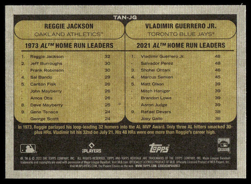 2022 Topps Heritage Reggie Jackson & Vladimir Guerrero Jr. #TAN-JG Then ...