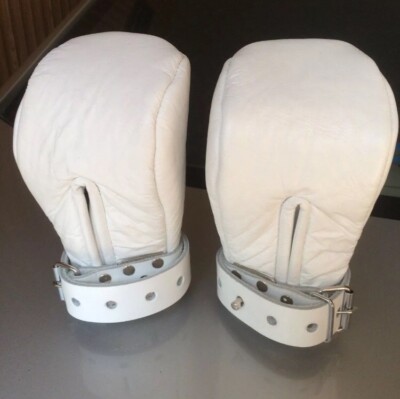 Genuine Leather Bondage Locking Padded Mitts Gloves White | eBay