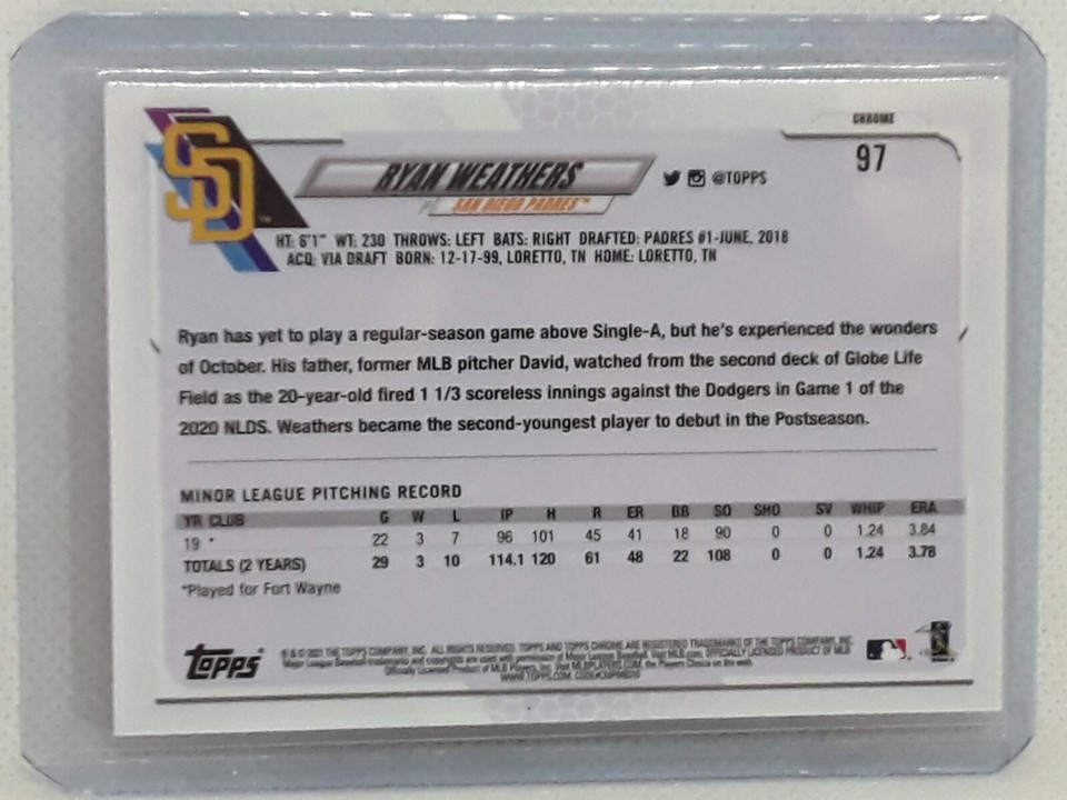 Ryan Weathers 2021 Topps Chrome Baseball - #97 RC - San Diego Padres | eBay